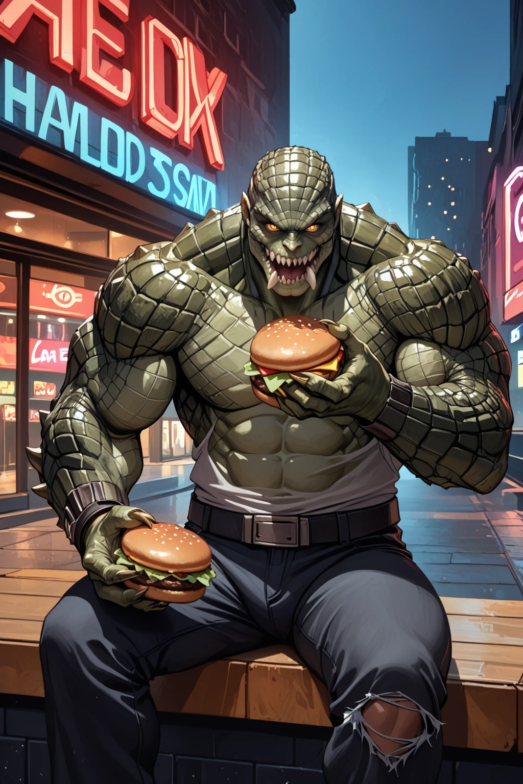 Hulk eating a hamburger on a bench in a city - SeaArt AI