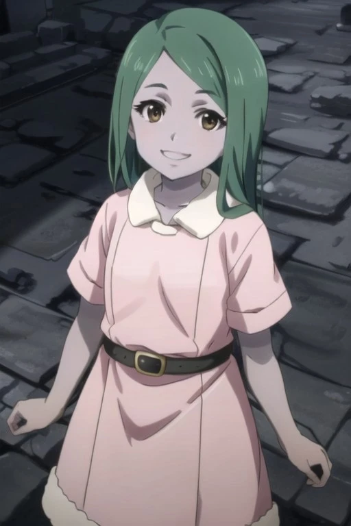 Anime girl with green hair and white collared shirt standing in a ...