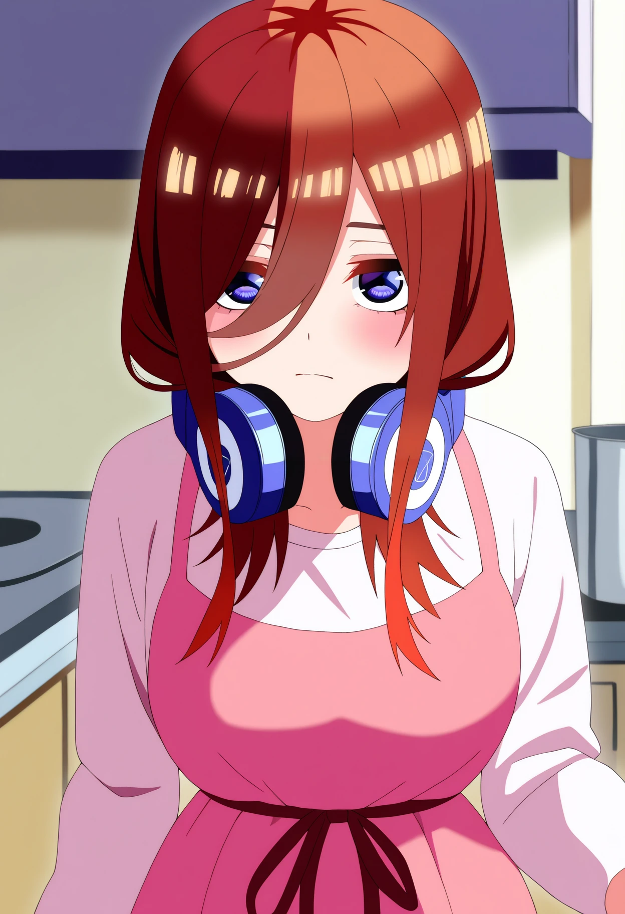 Anime girl with headphones in a kitchen with a microwave（nakano miku ...