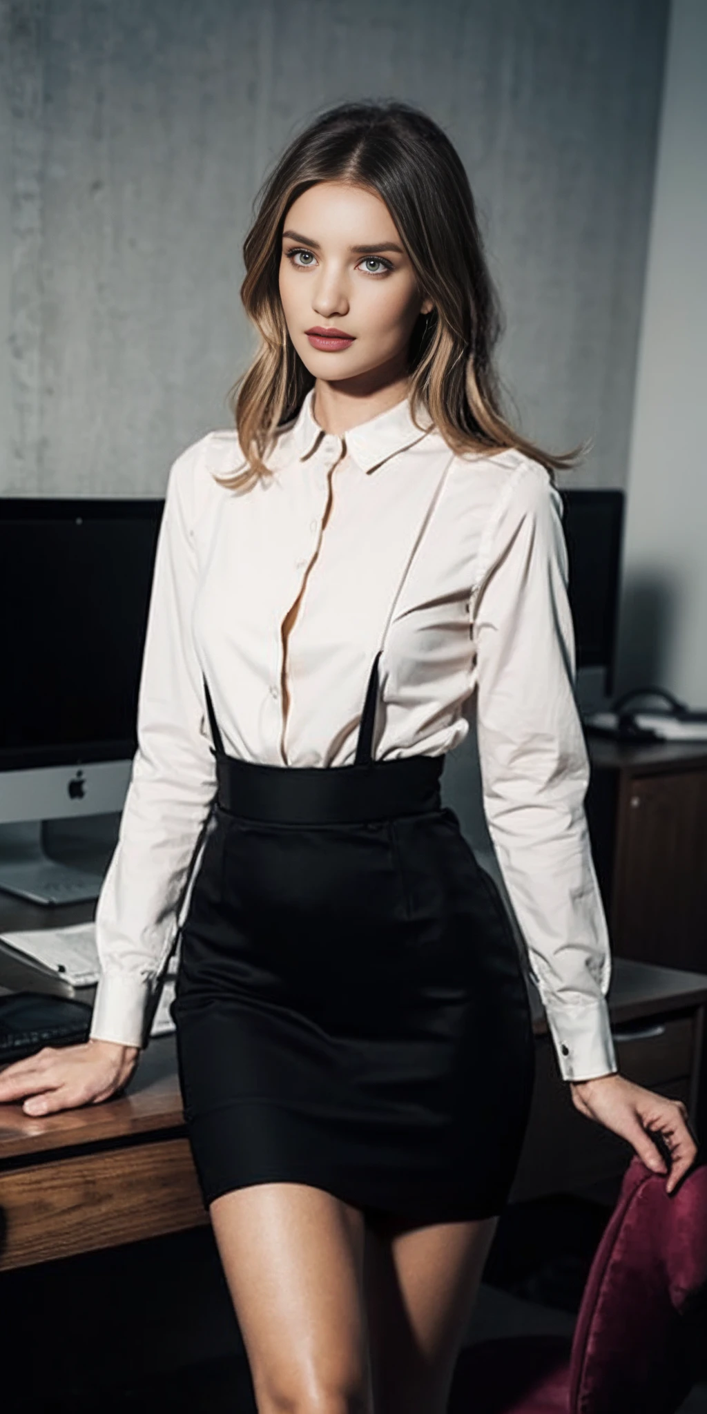 Arafed woman in a white shirt and black skirt posing in front of a ...