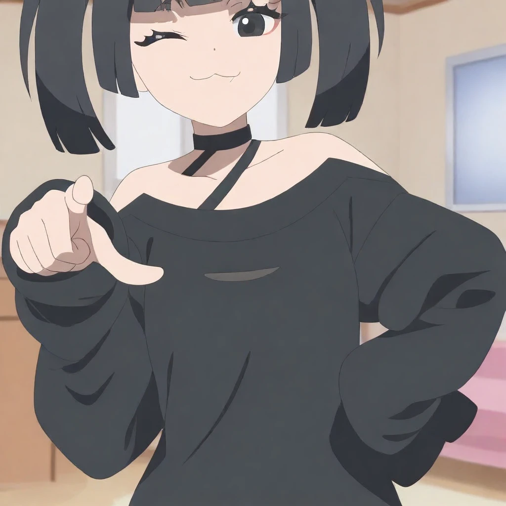 Anime girl in black dress pointing at camera with hand - SeaArt AI