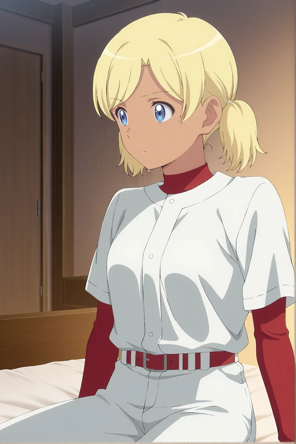 Anime girl in white uniform sitting on a bed with a red belt - SeaArt AI