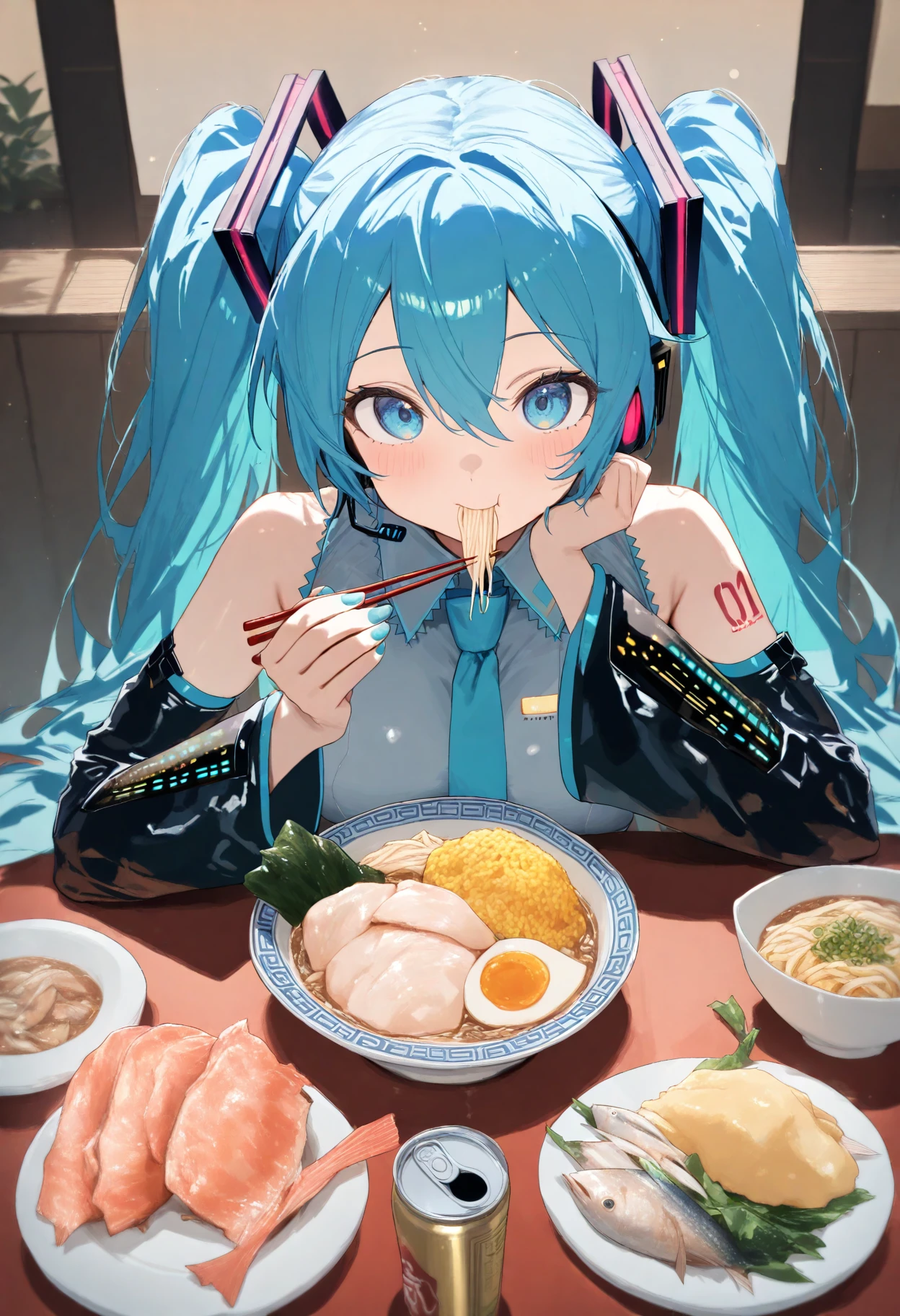 1girl, hatsune miku, vocaloid, blue eyes, blue hair, bowl, can - SeaArt AI