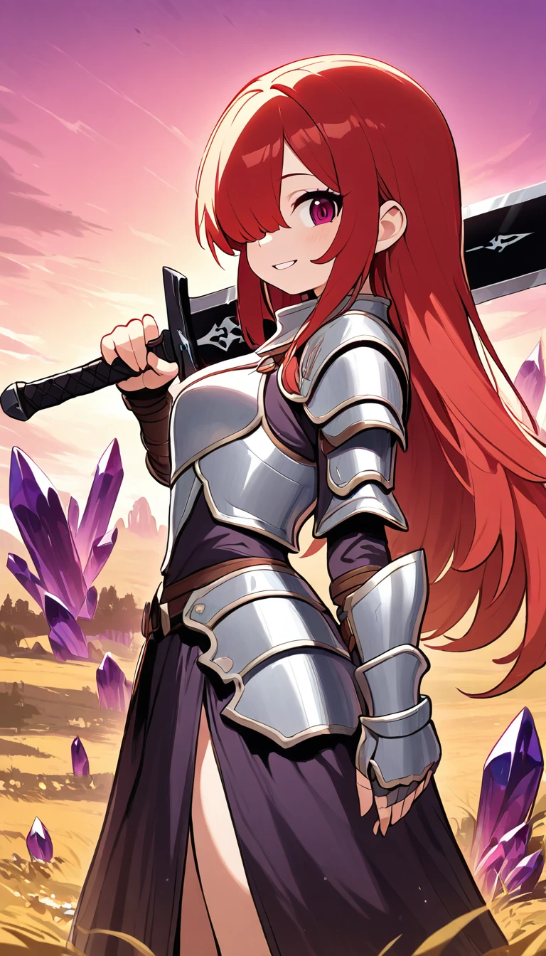 A young girl holding a great sword, sword over shoulder, from side ...