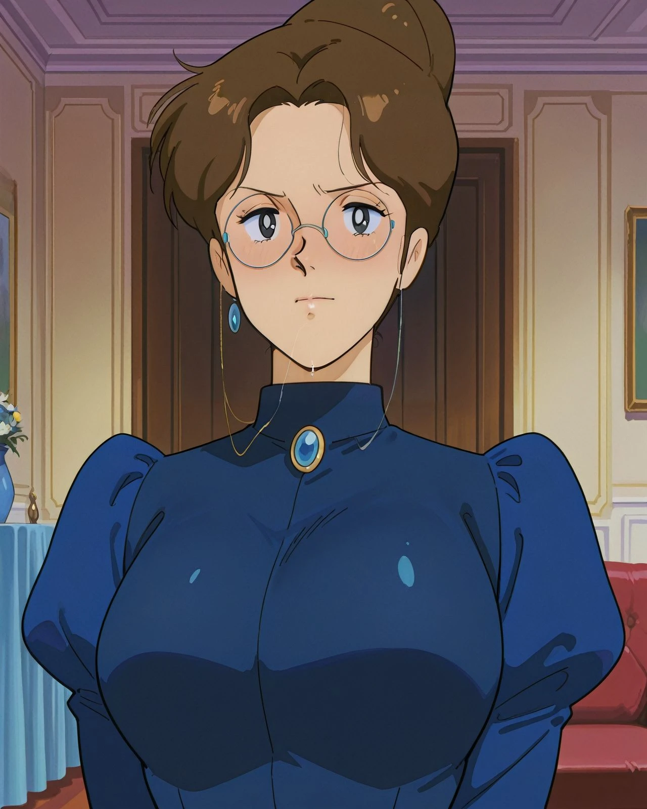 Anime woman in blue dress with glasses and a blue necklace - SeaArt AI