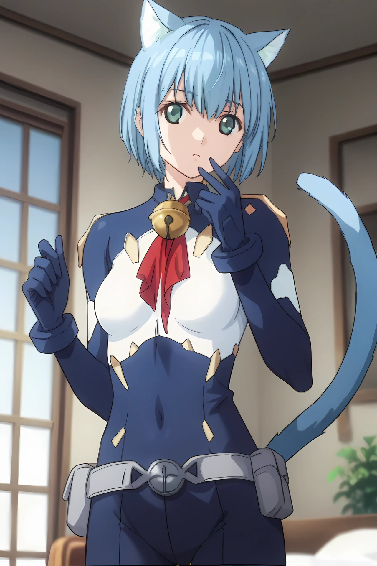 Anime character with blue hair and a cat tail eating a cookie - SeaArt AI