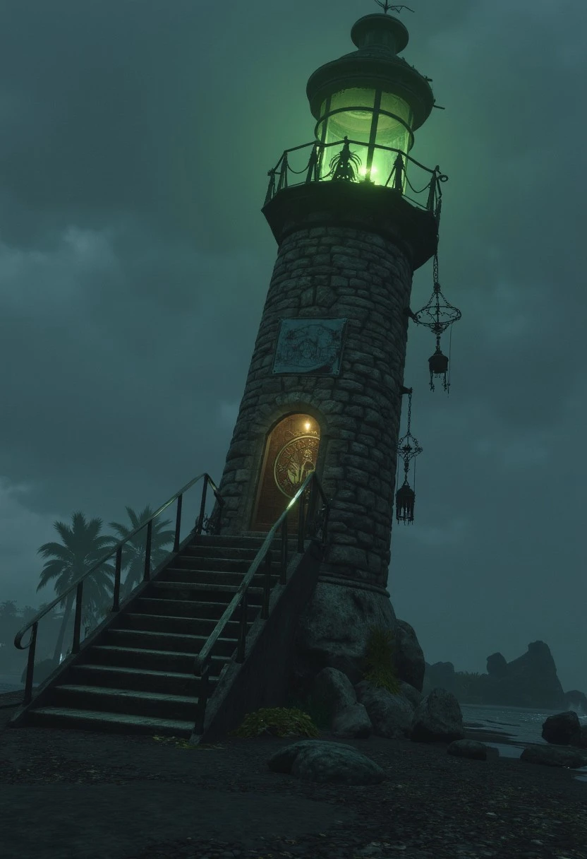 Rising from a black sand shore, a broken lighthouse tilts precariously ...