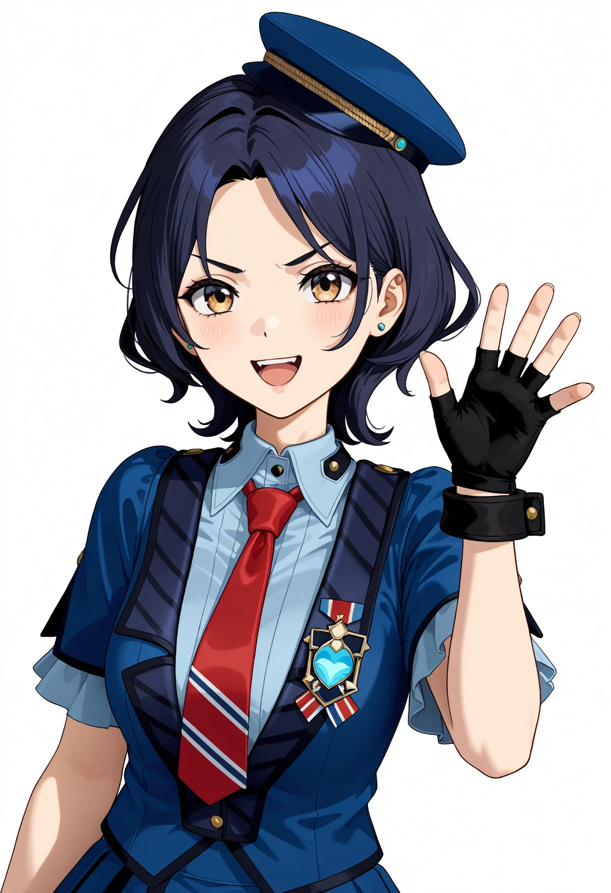 Anime character dressed in uniform with hand up and hat（hayami kanade ...