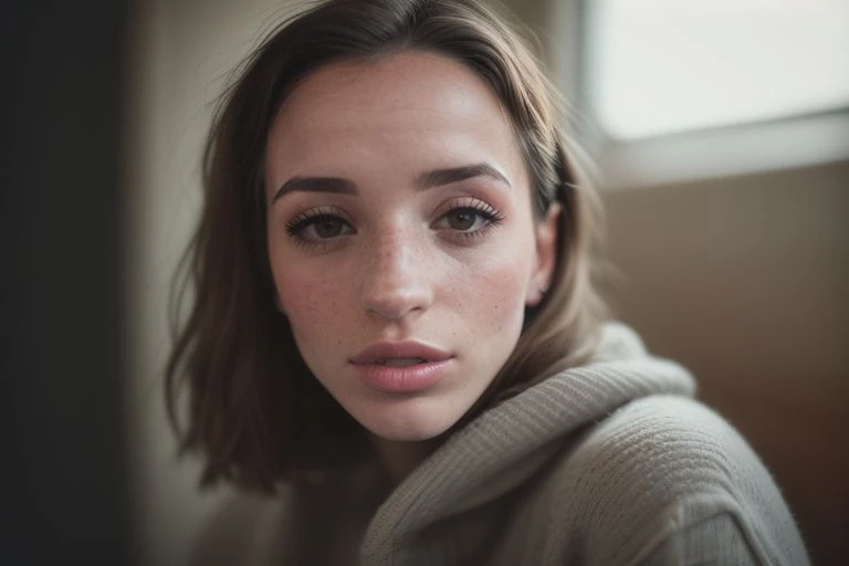 A close up of a woman with a sweater on looking at the camera - SeaArt AI
