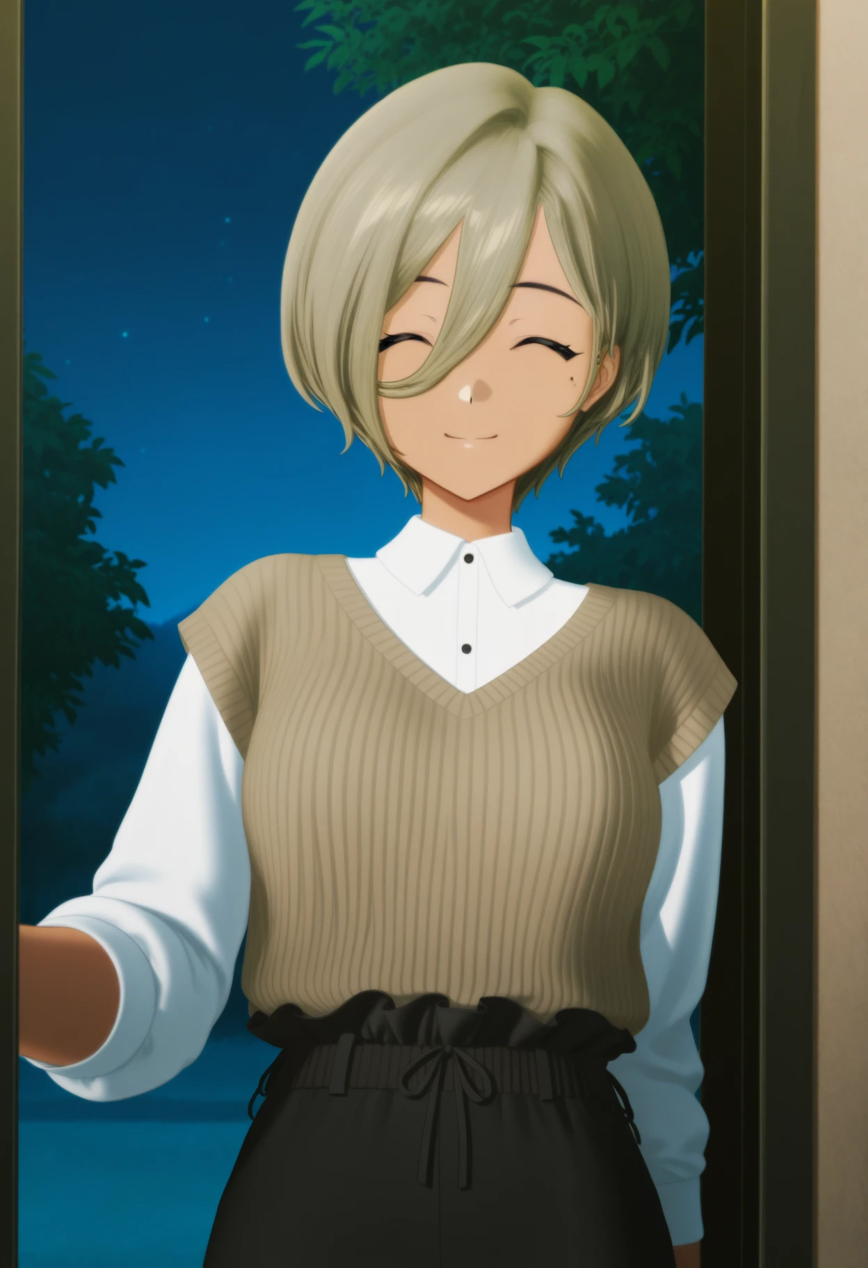 Anime character with blonde hair and a white shirt and black skirt ...