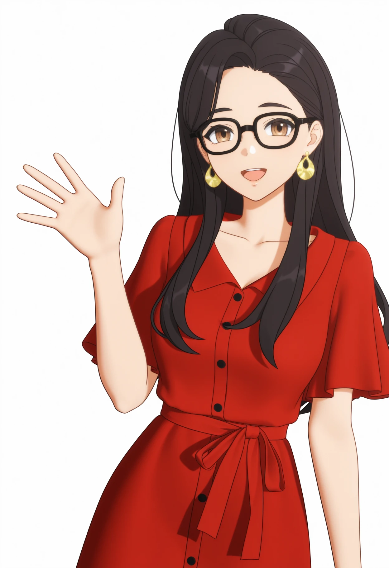 Anime girl in red dress with glasses and yellow earrings - SeaArt AI