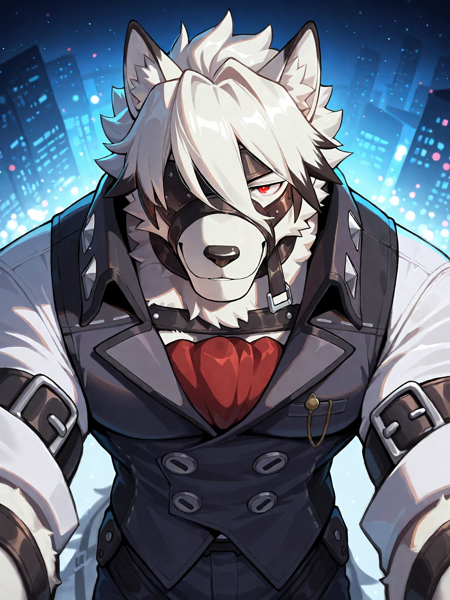 Anime character with white hair and black vest and red bow tie - SeaArt AI