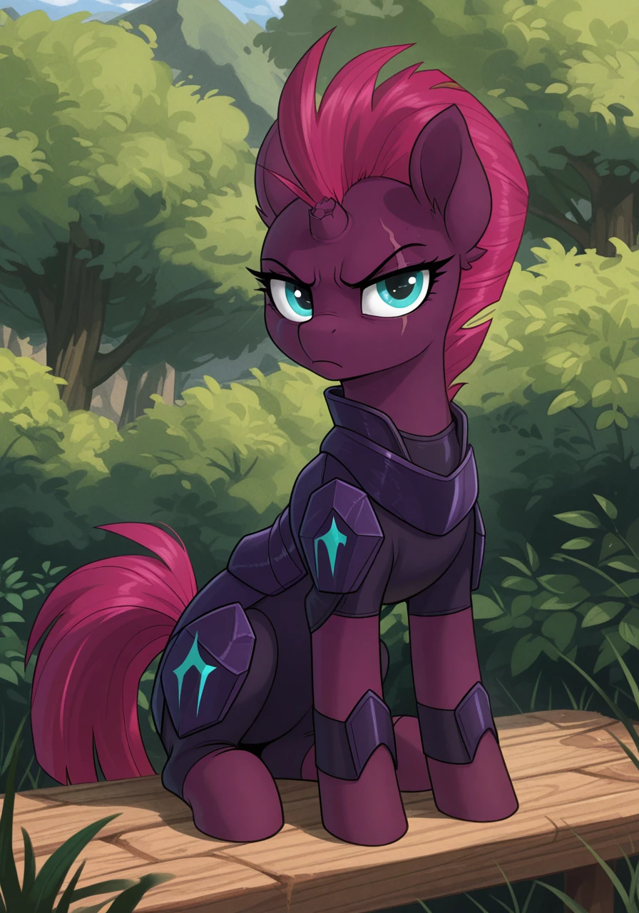 A close up of a pony with a pink hair and a purple outfit - SeaArt AI