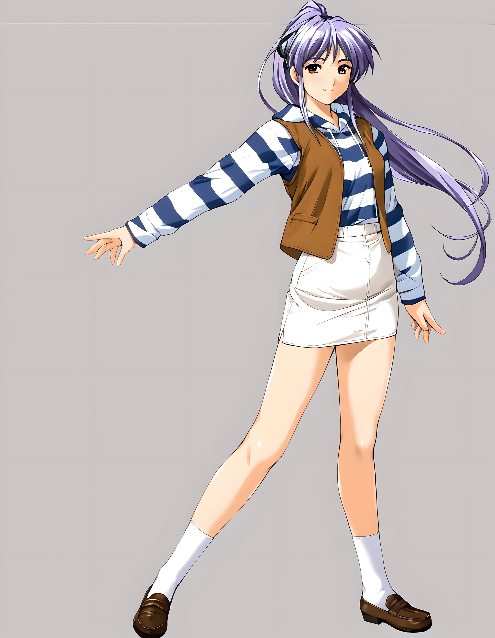 Anime character of a woman with purple hair and a striped shirt - SeaArt AI