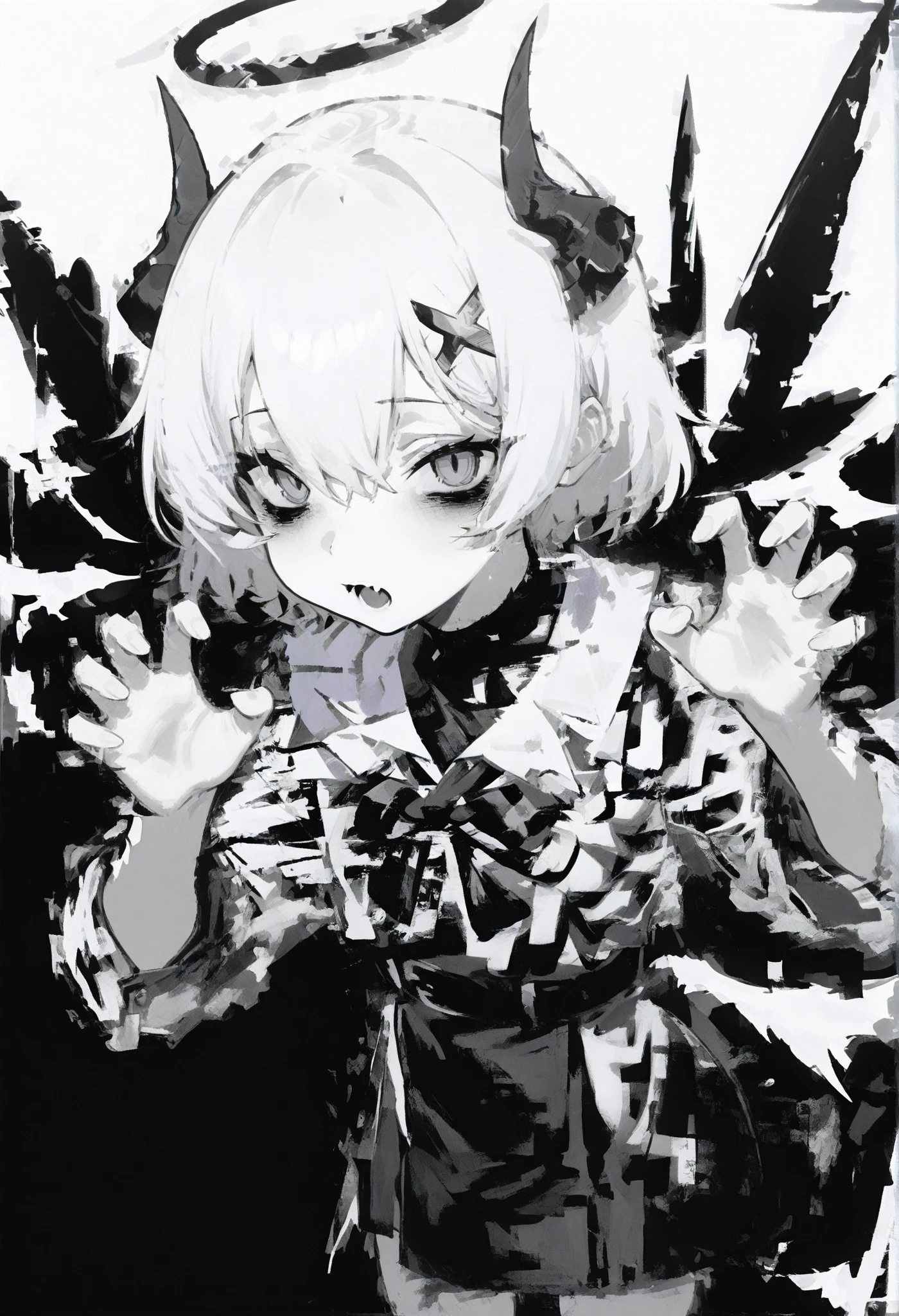 Anime character with horns and wings in black and white - SeaArt AI