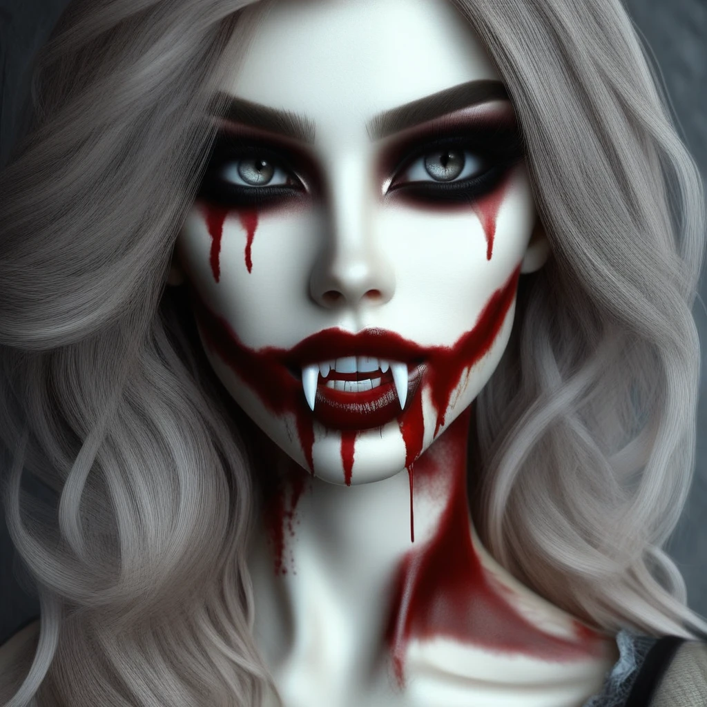 1girl , Alone, sexy face, VampFang, fangs, Blood on the chin - SeaArt AI