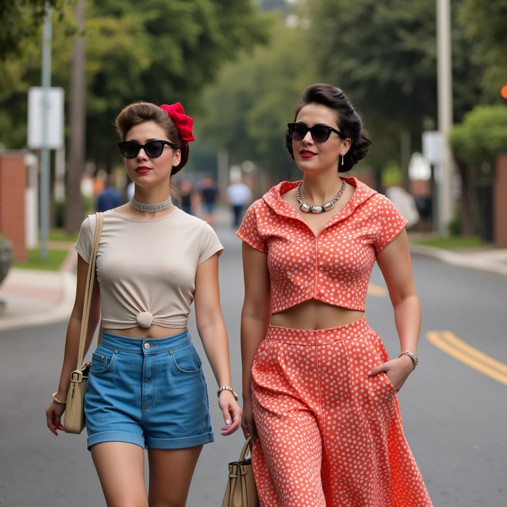 Two women walking down the street in matching outfits - SeaArt AI