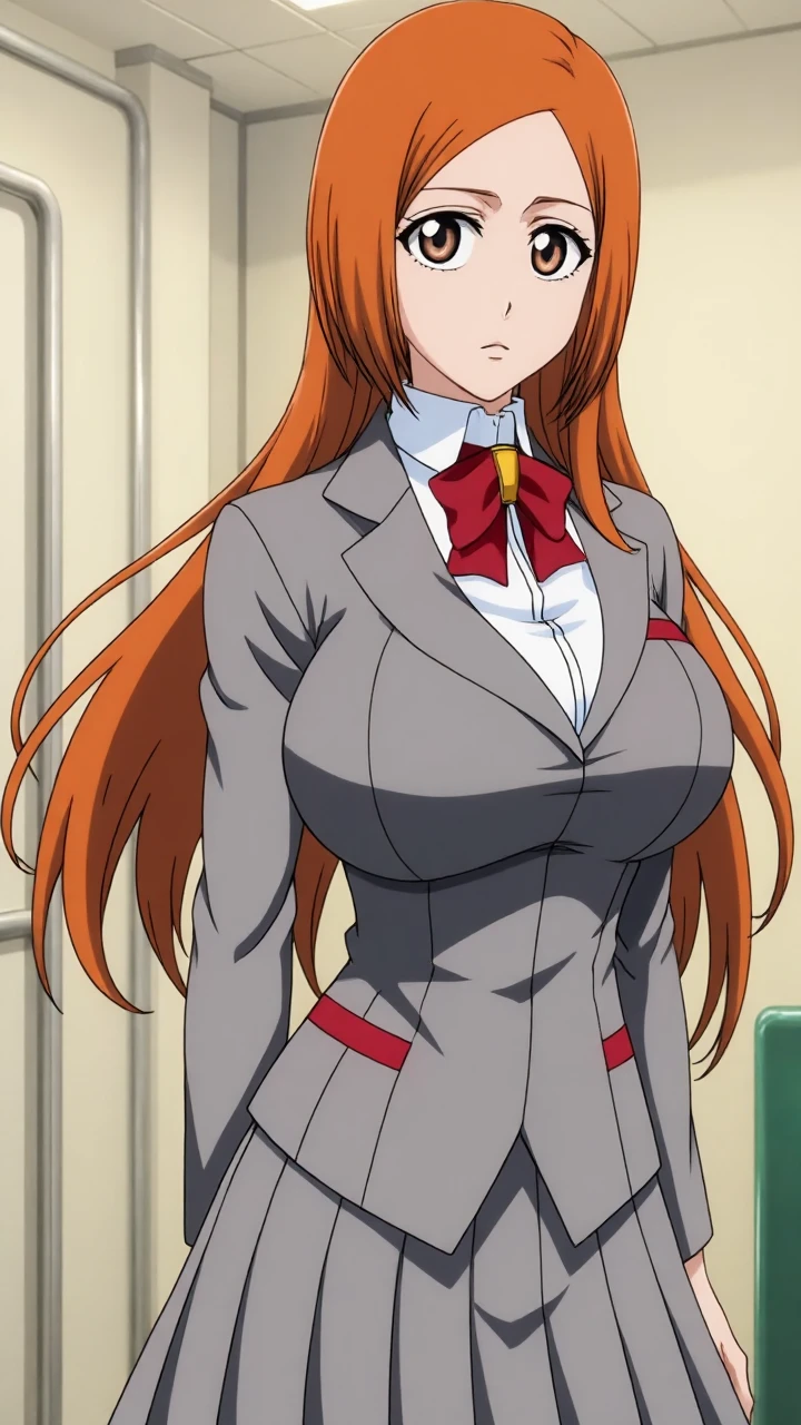 Anime girl in a school uniform standing in a hallway（inoue orihime ...