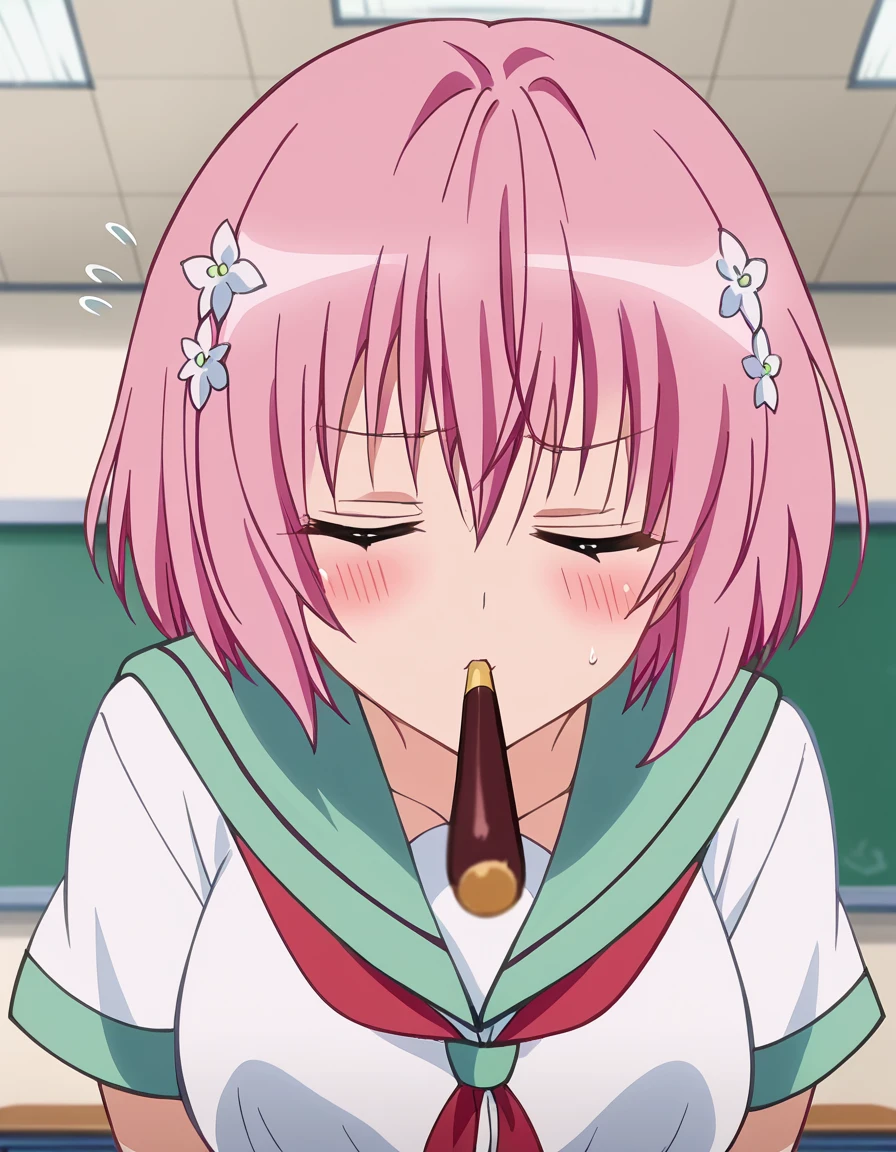 Anime girl with pink hair and a tie blowing a kiss（momo velia deviluke ...