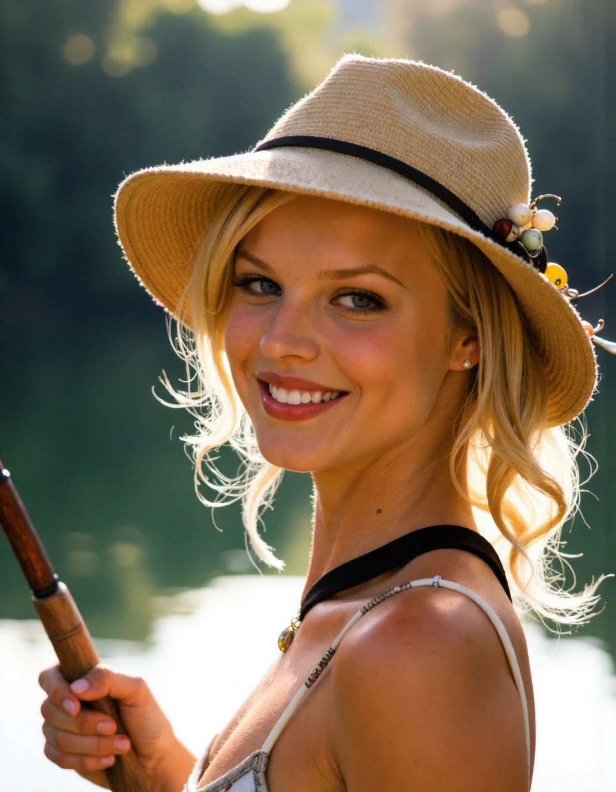 Blonde woman in a hat holding a fishing rod and smiling - SeaArt AI