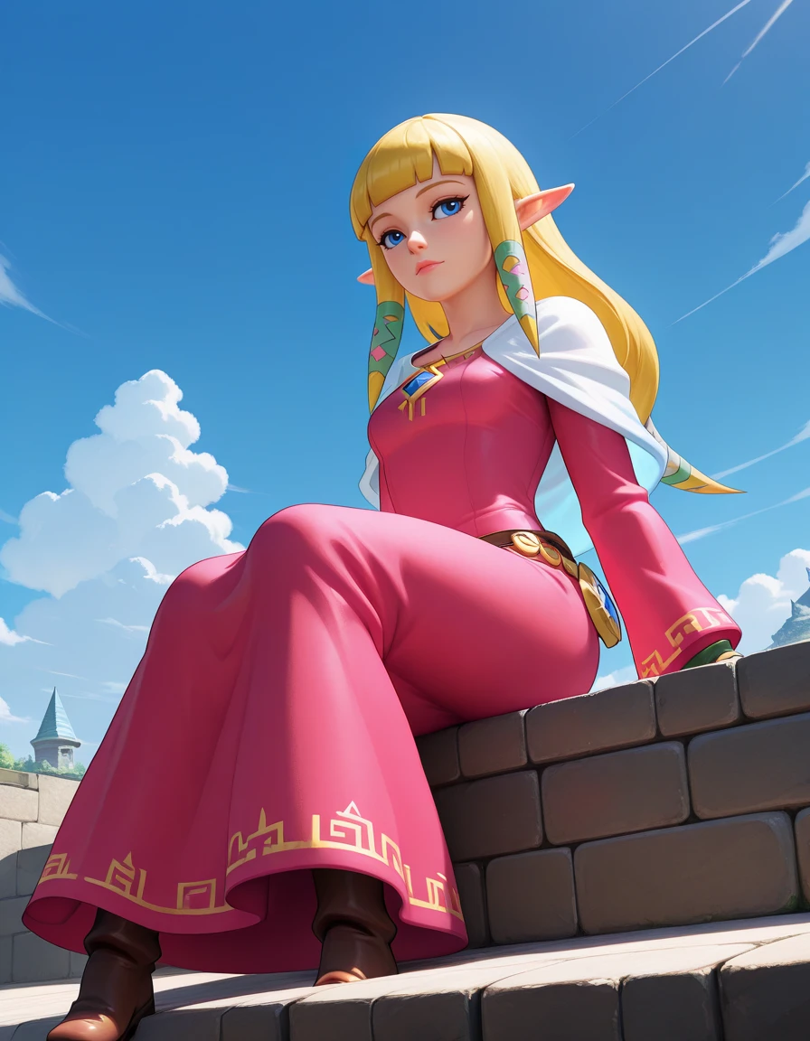 A close up of a woman sitting on a wall with a sword - SeaArt AI