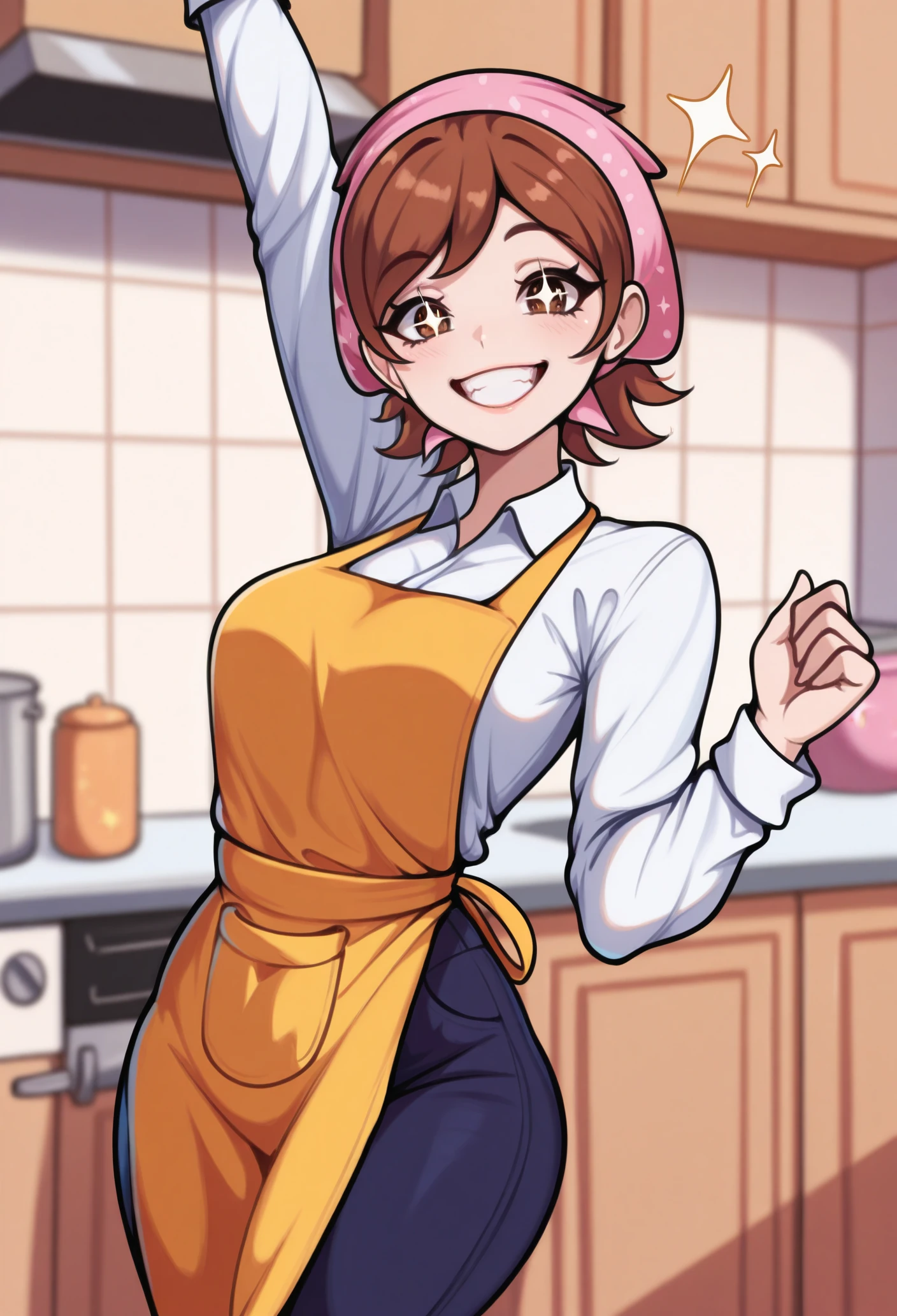 Anime girl in apron and hat dancing in kitchen with hand up - SeaArt AI