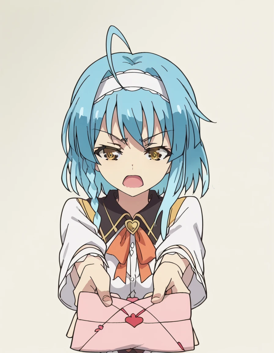 Anime girl with blue hair holding a envelope and a knife - SeaArt AI