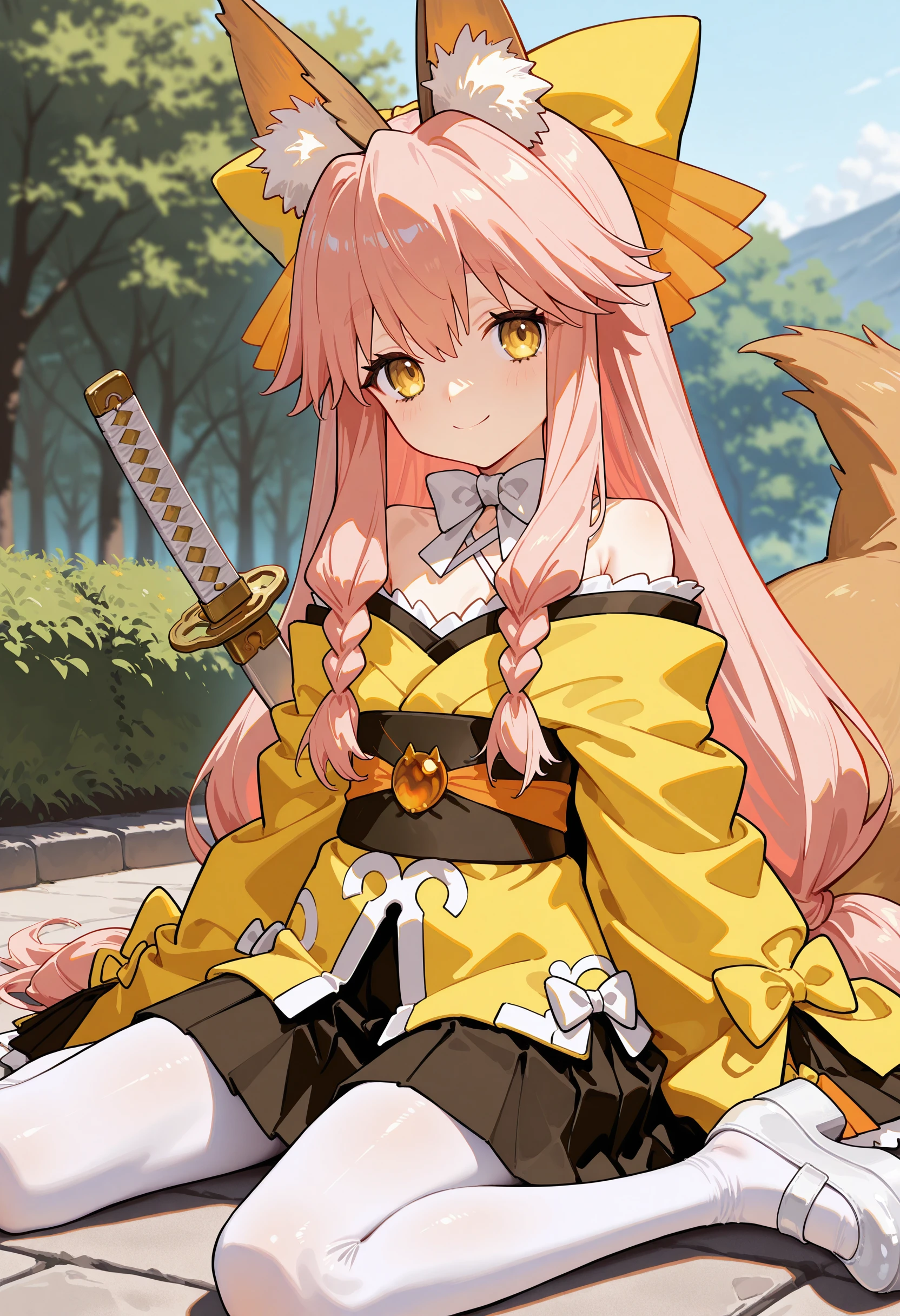 Anime girl with pink hair and yellow outfit sitting on the ground ...