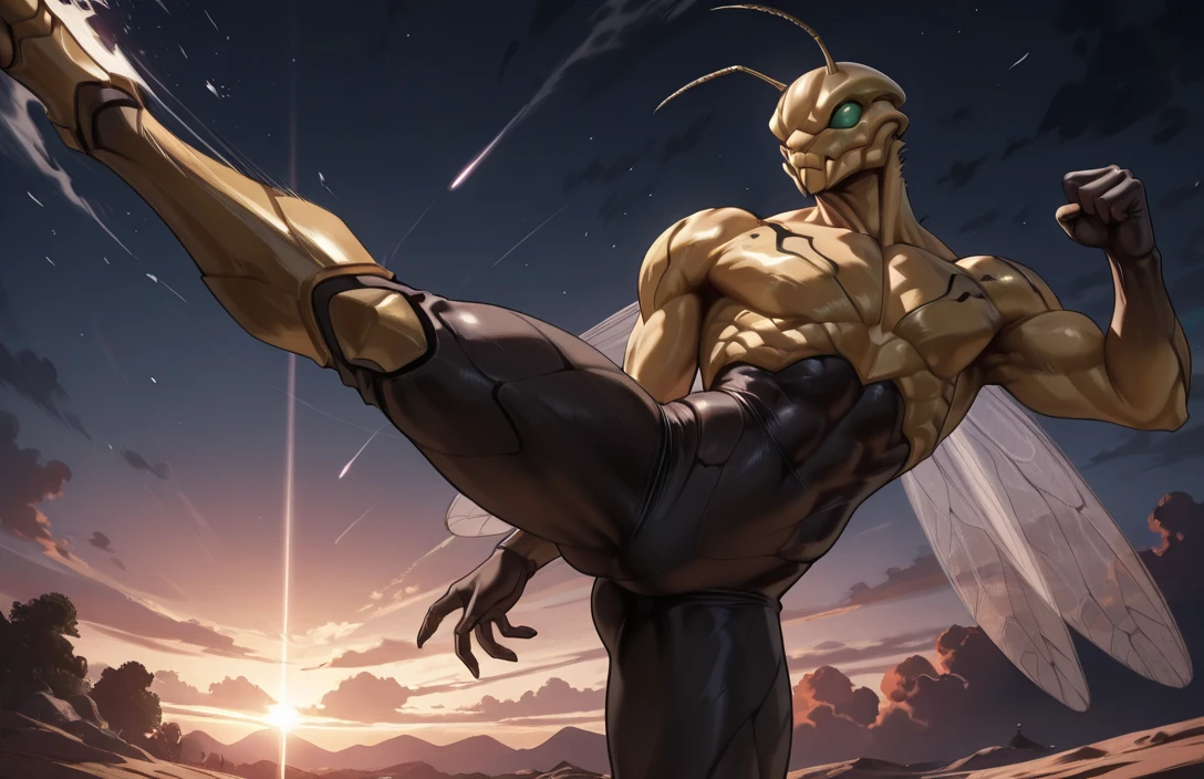 Anime character with a yellow body and black pants kicking a kick ...