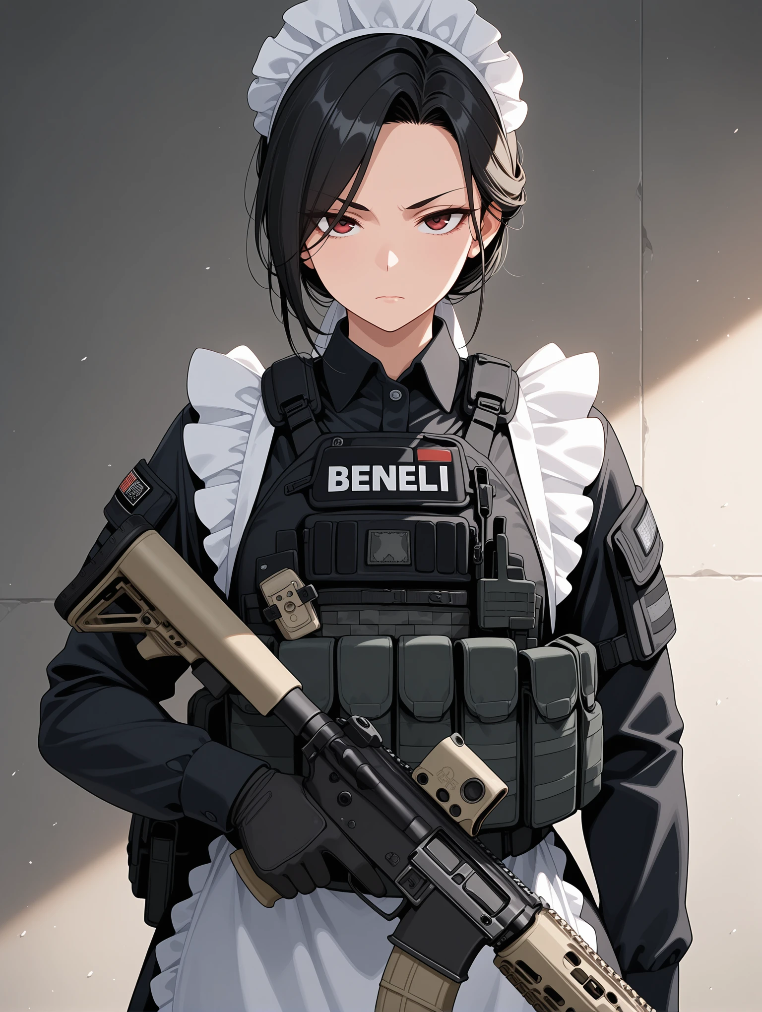 Mature maid, black hair, bulletproof vest, tactical gear, maid uniform ...