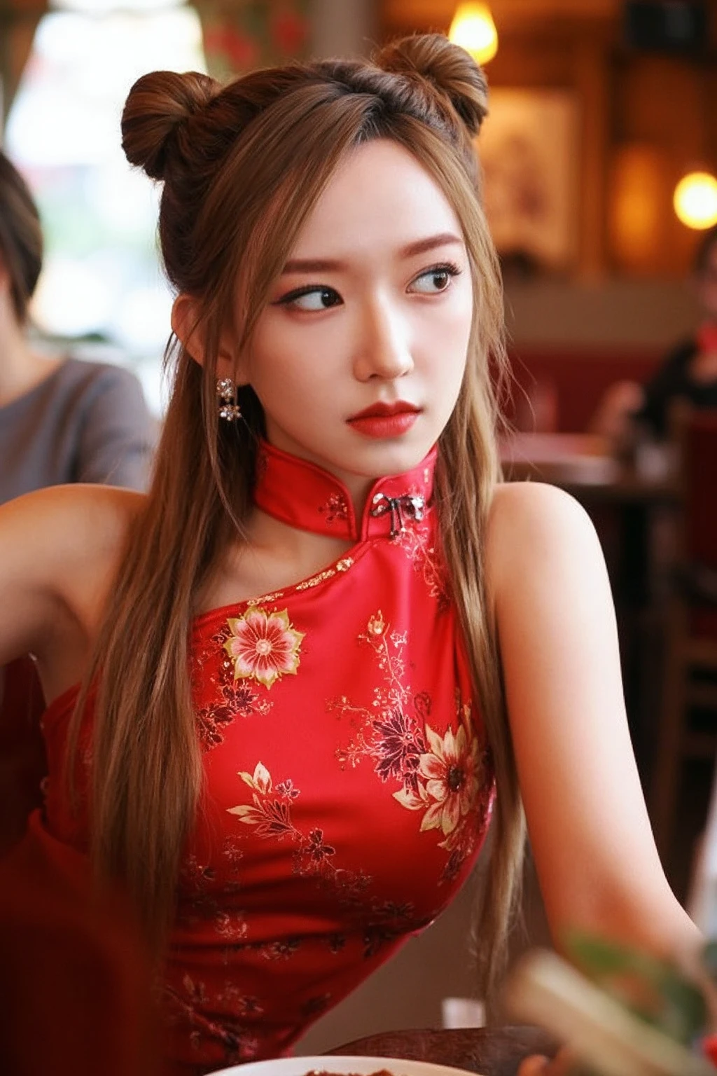 Bright photo of beautiful asian girl a red traditional-style qipao ...
