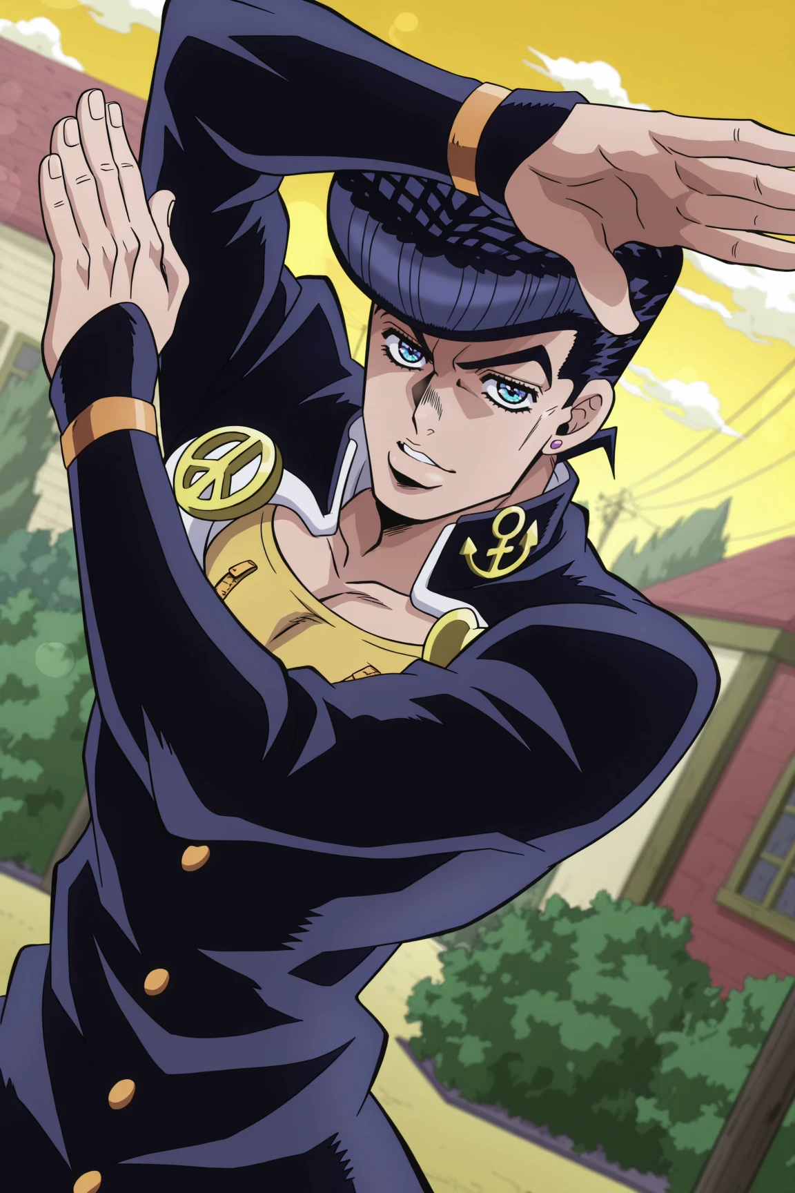 Anime character in uniform with arms raised in front of a house ...