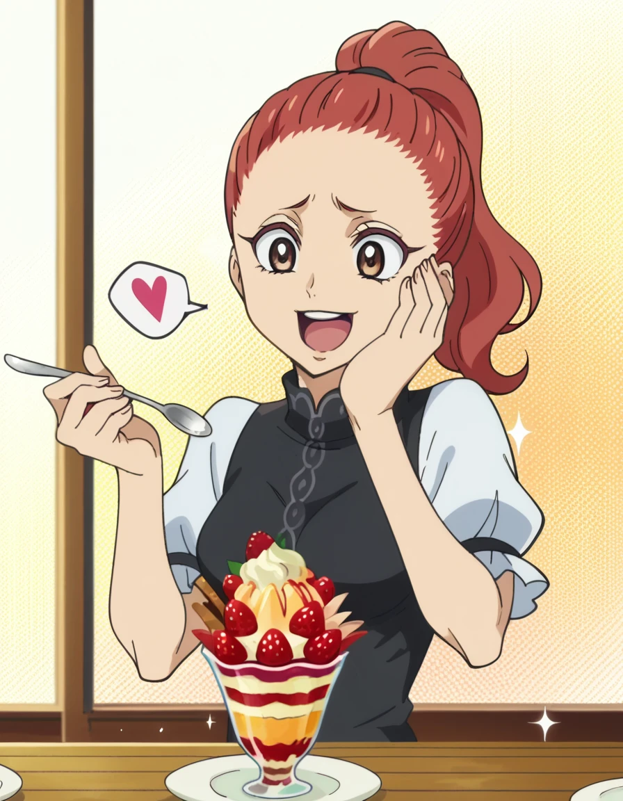Anime girl eating a bowl of fruit with a spoon and fork - SeaArt AI