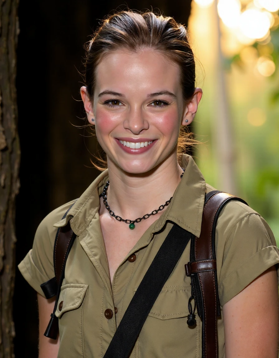 Smiling woman in a green shirt and brown backpack standing in front of ...