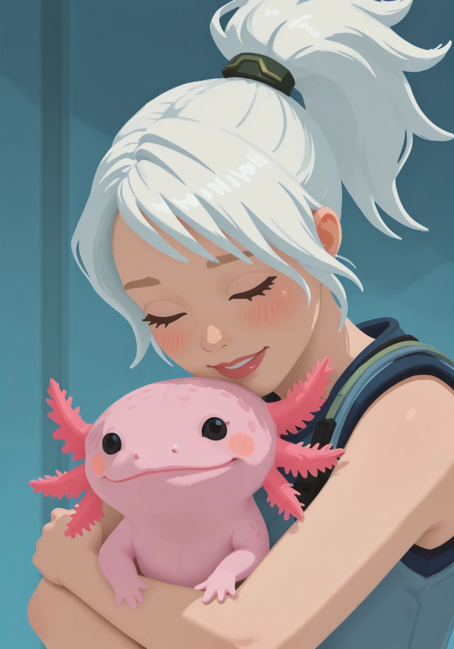 (((g00se))) jett_\(valorant\), hugging axolotl, hug, 1girl, solo ...