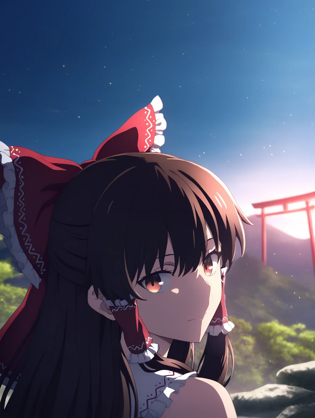 Anime girl with long hair and red hat standing in front of a red gate ...