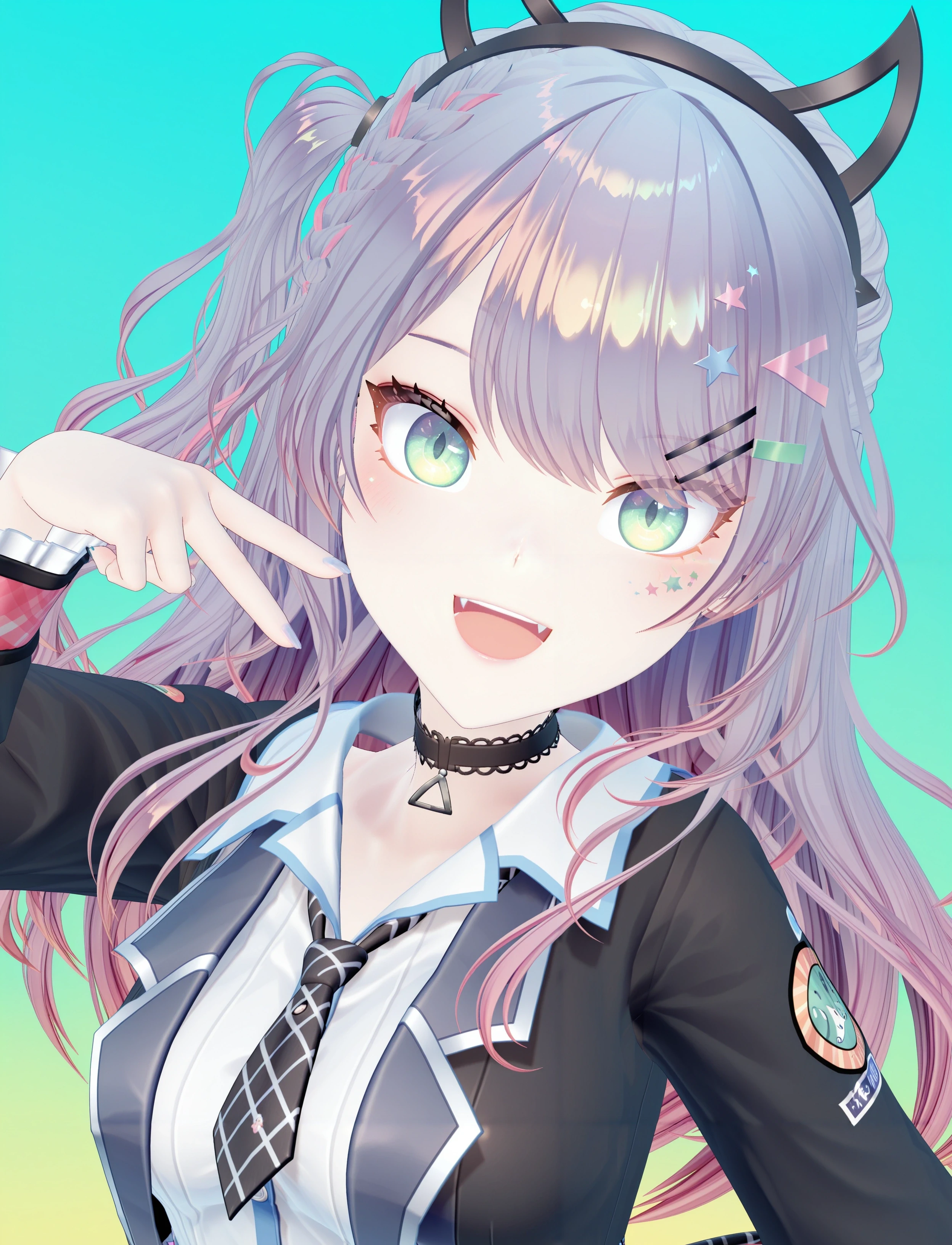 1girl, sata nakia, :d, pose, hair ornament, black jacket, short necktie ...