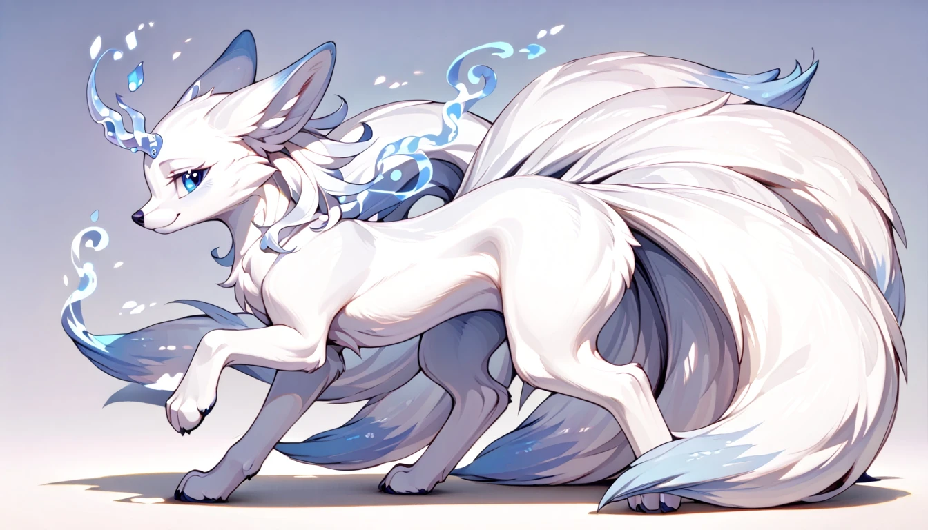 Anime - style illustration of a white and blue furry animal with blue ...