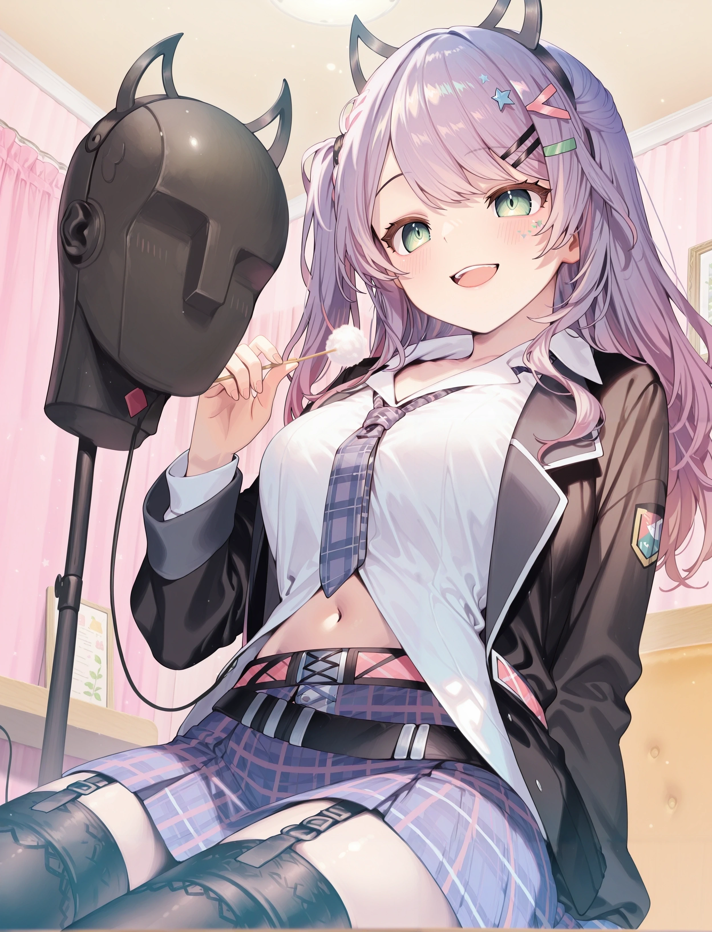 1人の女の子, サタナキア, :d, ホルディング, 屋内, 白いシャツ, へそ, チェック柄スカート, 黒いジャケット - SeaArt AI