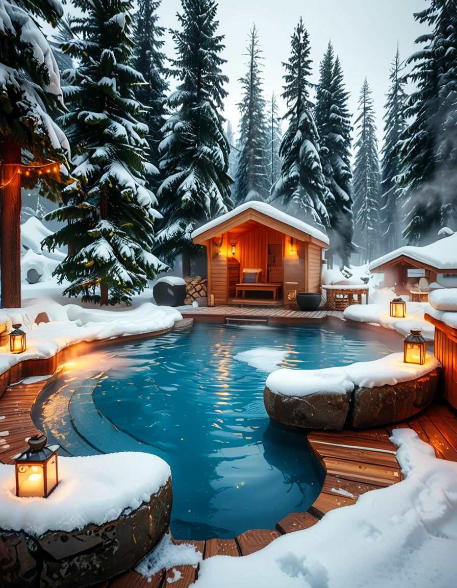Snowy pool with a cabin in the background - SeaArt AI