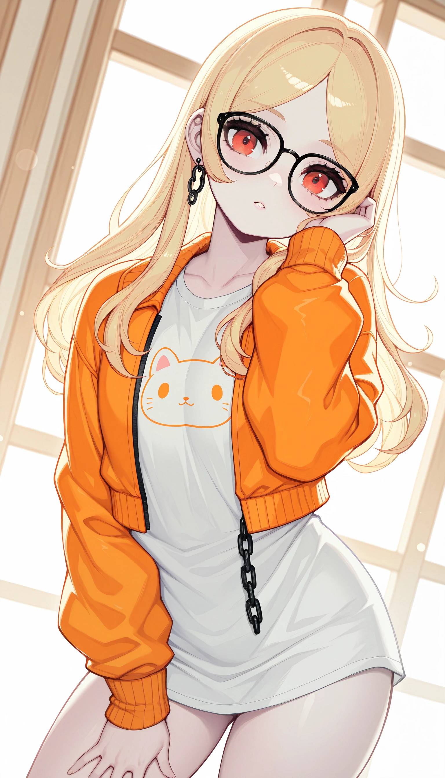 Anime girl with glasses and orange jacket posing in front of window ...