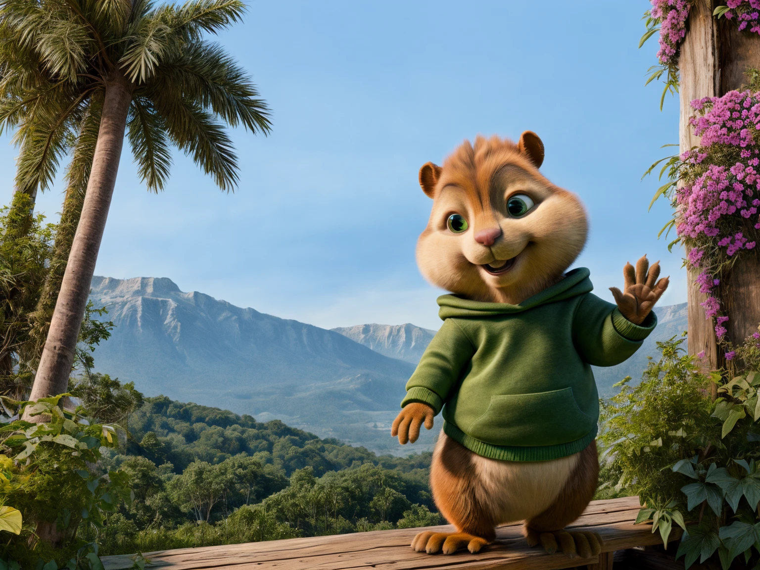 CGI, theodore, chipmunk, male, solo, clothed, green hoodie, on one leg ...
