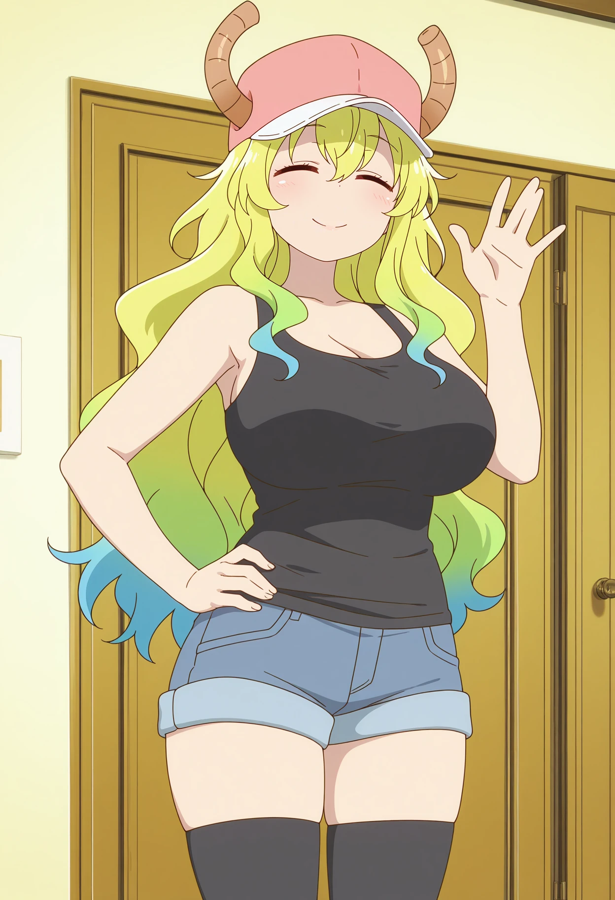 Anime girl with horns and a black tank top posing for a picture（lucoa ...