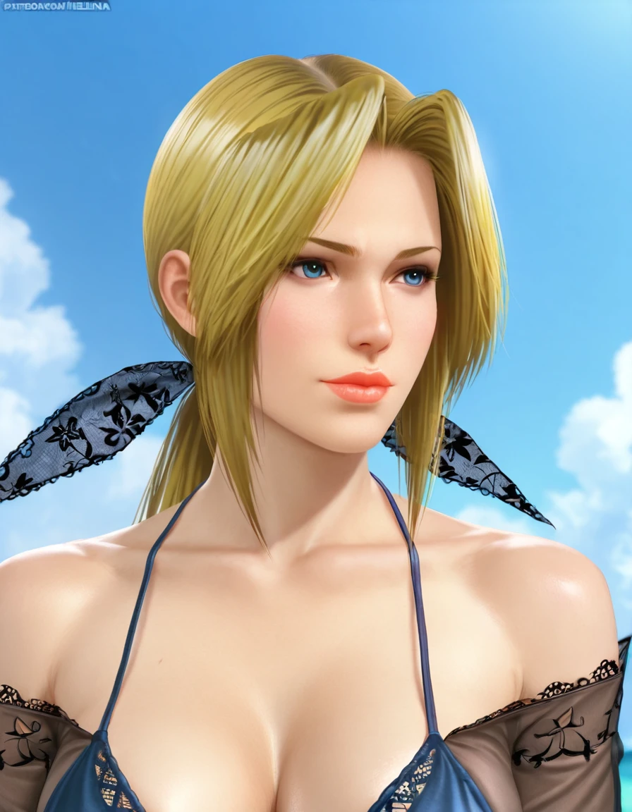 A close up of a woman in a bikini top on a beach - SeaArt AI