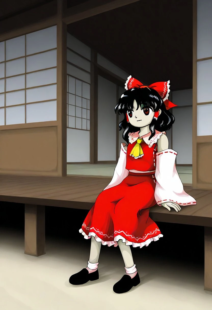 Anime girl in red dress sitting on a bench in a room - SeaArt AI