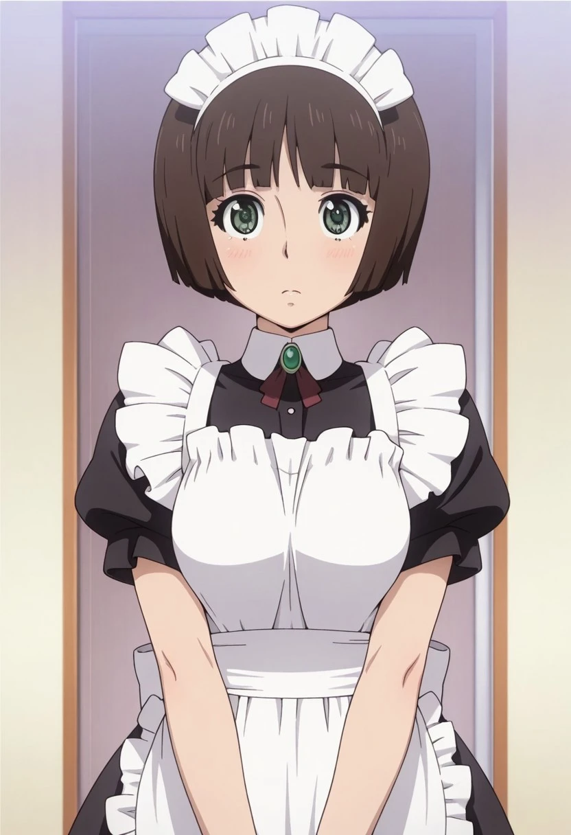 A close up of a woman in a maid outfit with a green eye - SeaArt AI