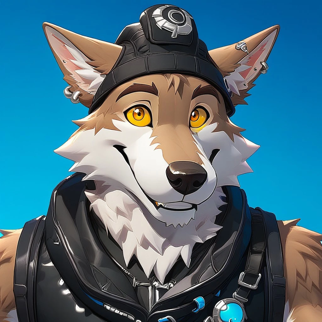 There is a picture of a wolf with a hat and a vest - SeaArt AI