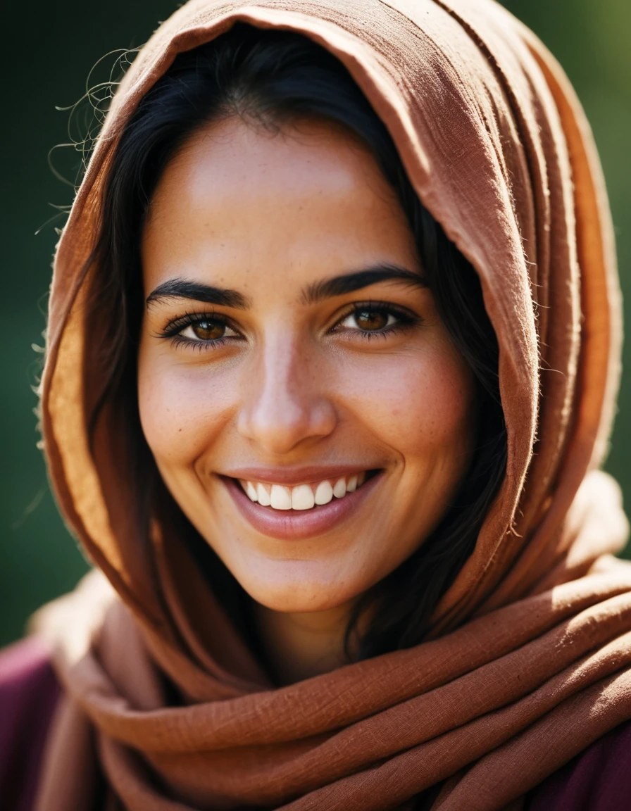 A macro image of a veiled Moroccan shy woman smiling, revealing the ...