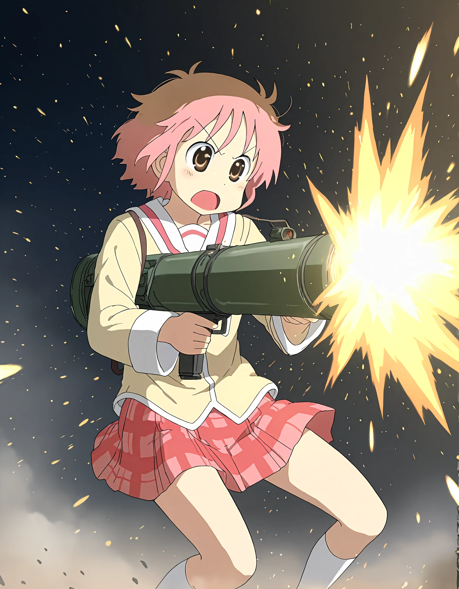 Anime girl with pink hair holding a gun and exploding a star - SeaArt AI