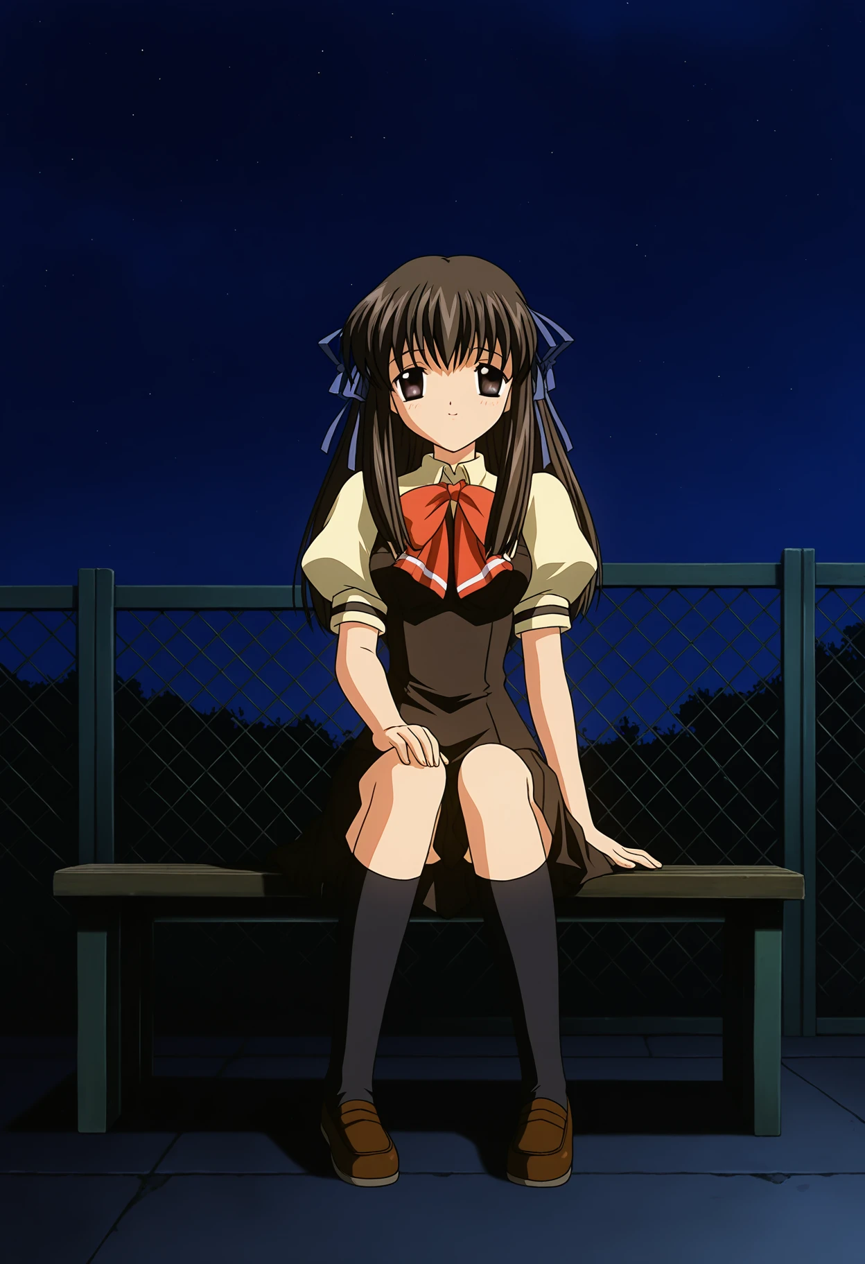 Anime girl sitting on a bench at night with a fence in the background ...